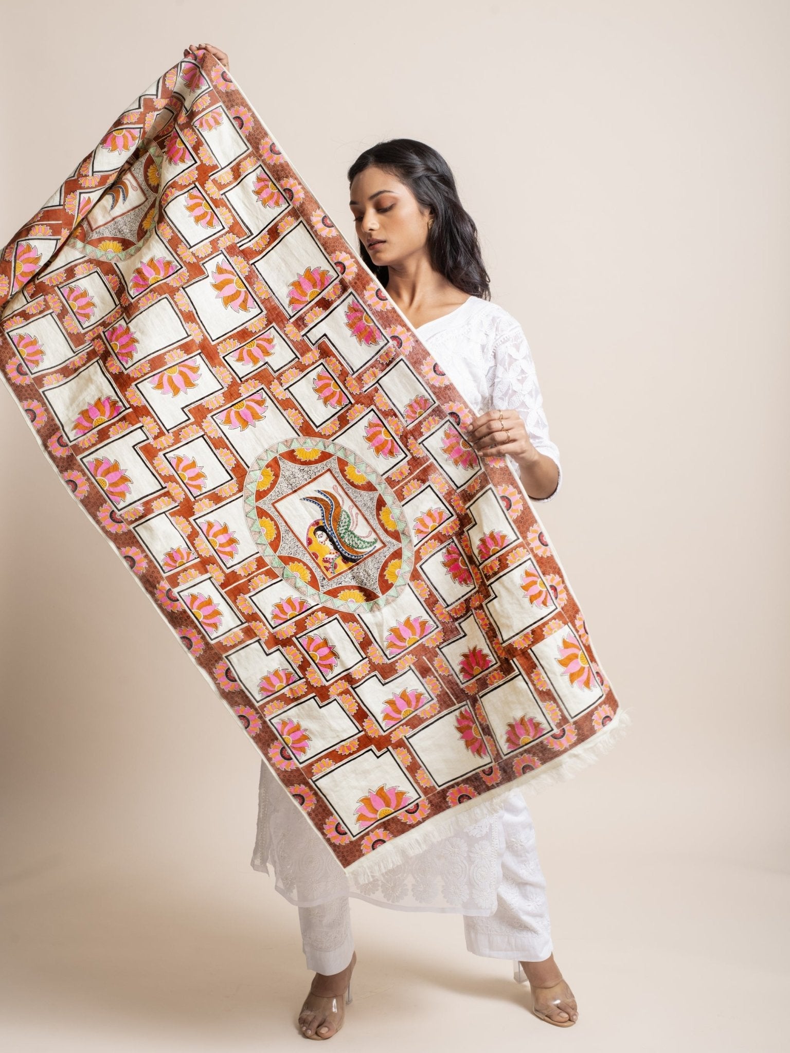 Lotus Maze - Madhubani Linen Stole - Creamy Yellow | KAAMNA