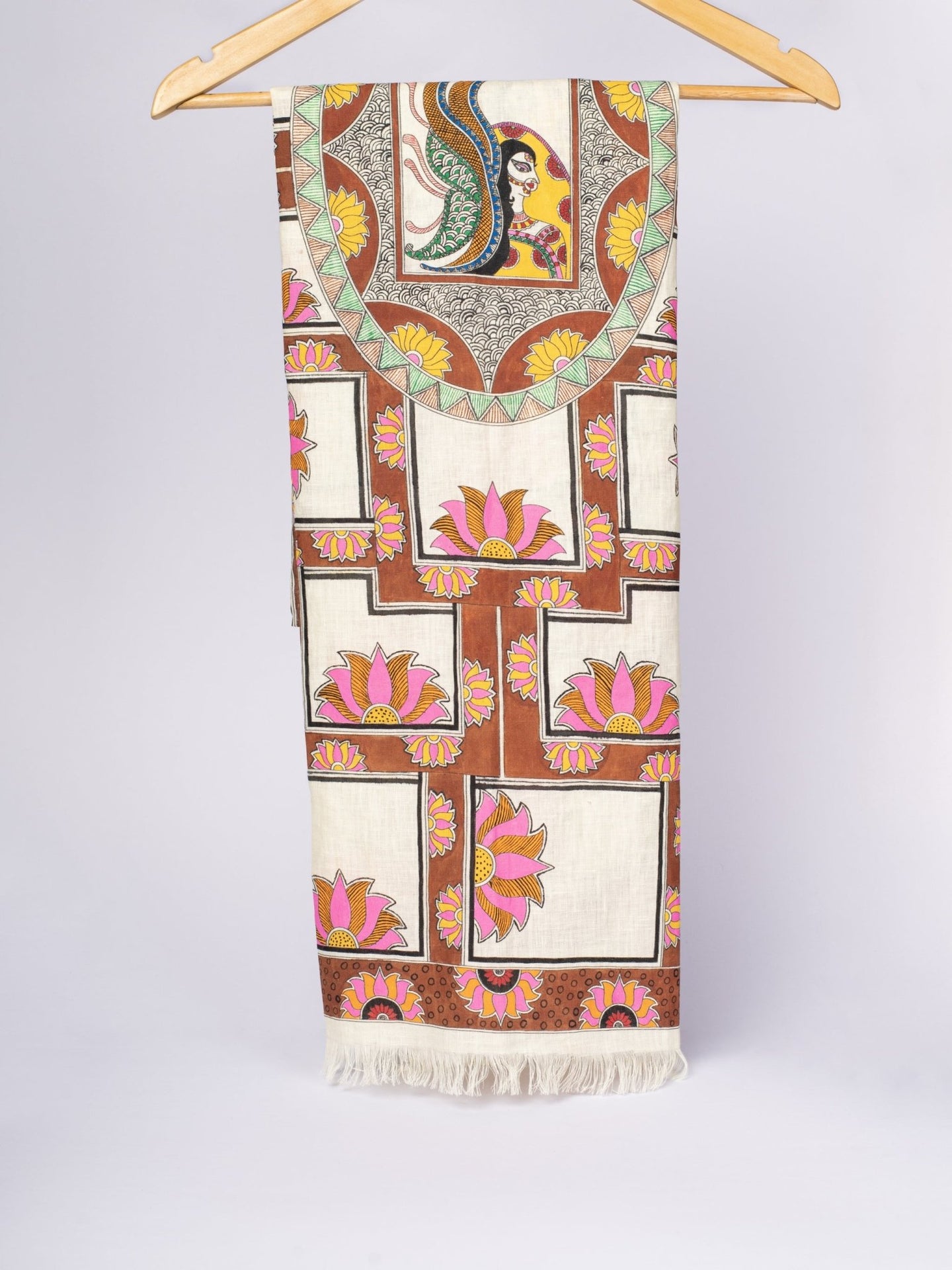 Lotus Maze - Madhubani Linen Stole - Creamy Yellow | KAAMNA